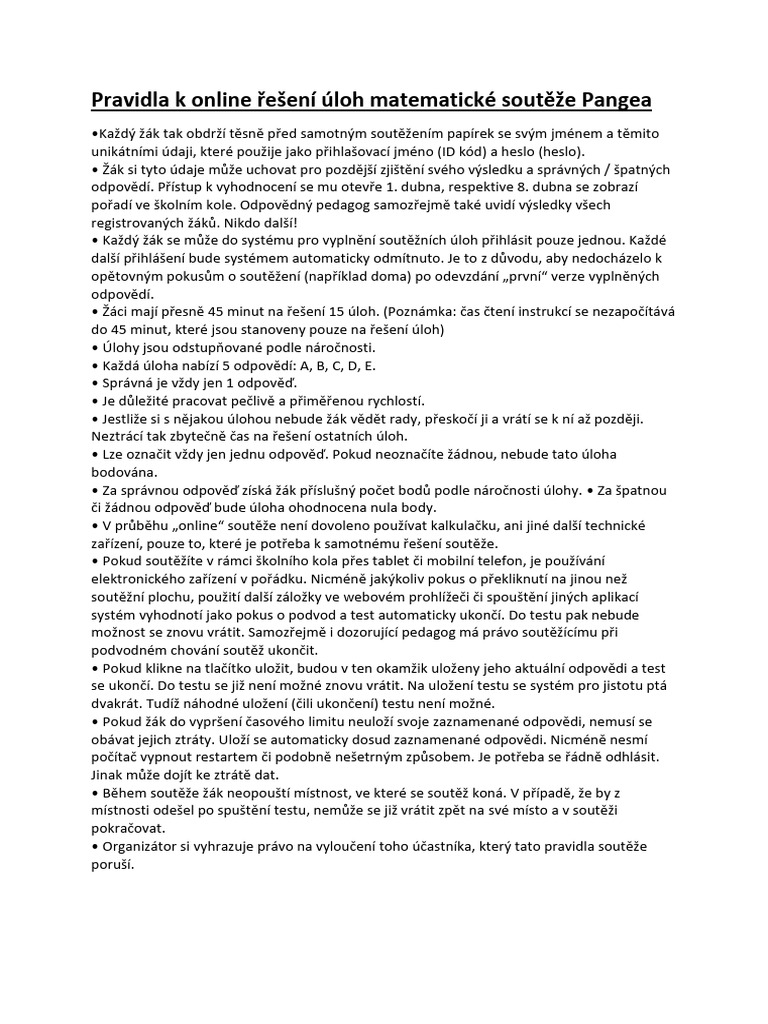Pravidla K Online Řešení Úloh Matematické Soutěže Pangea | PDF