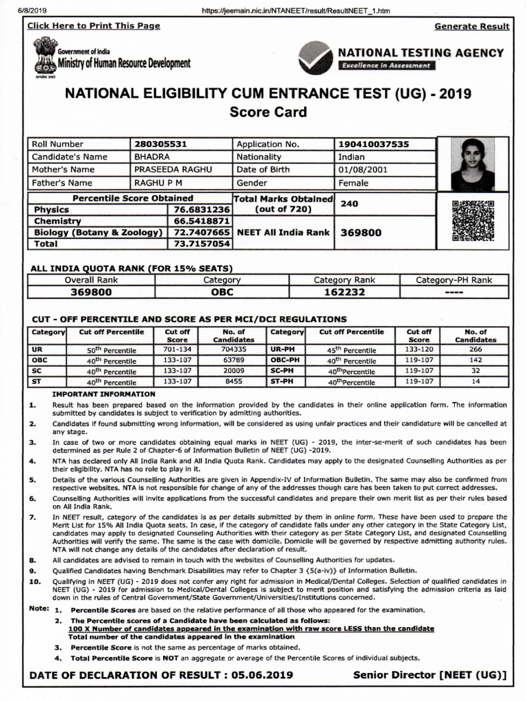 Bhadra - NEET Score Card | PDF
