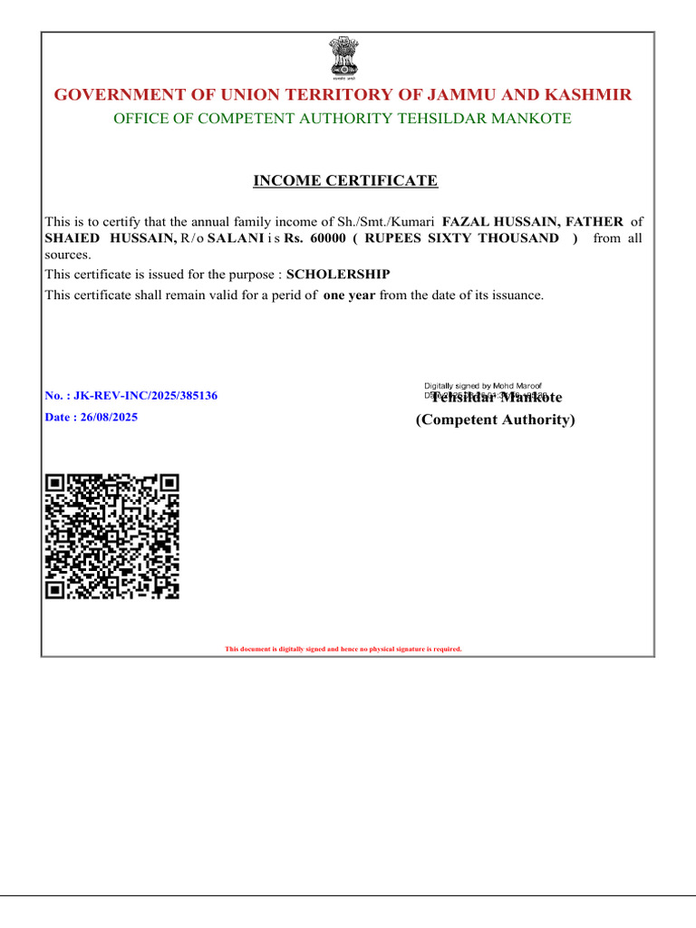 Income Certificate | PDF