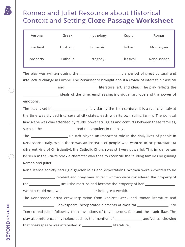 Romeo and Juliet Historical Context Worksheet | PDF