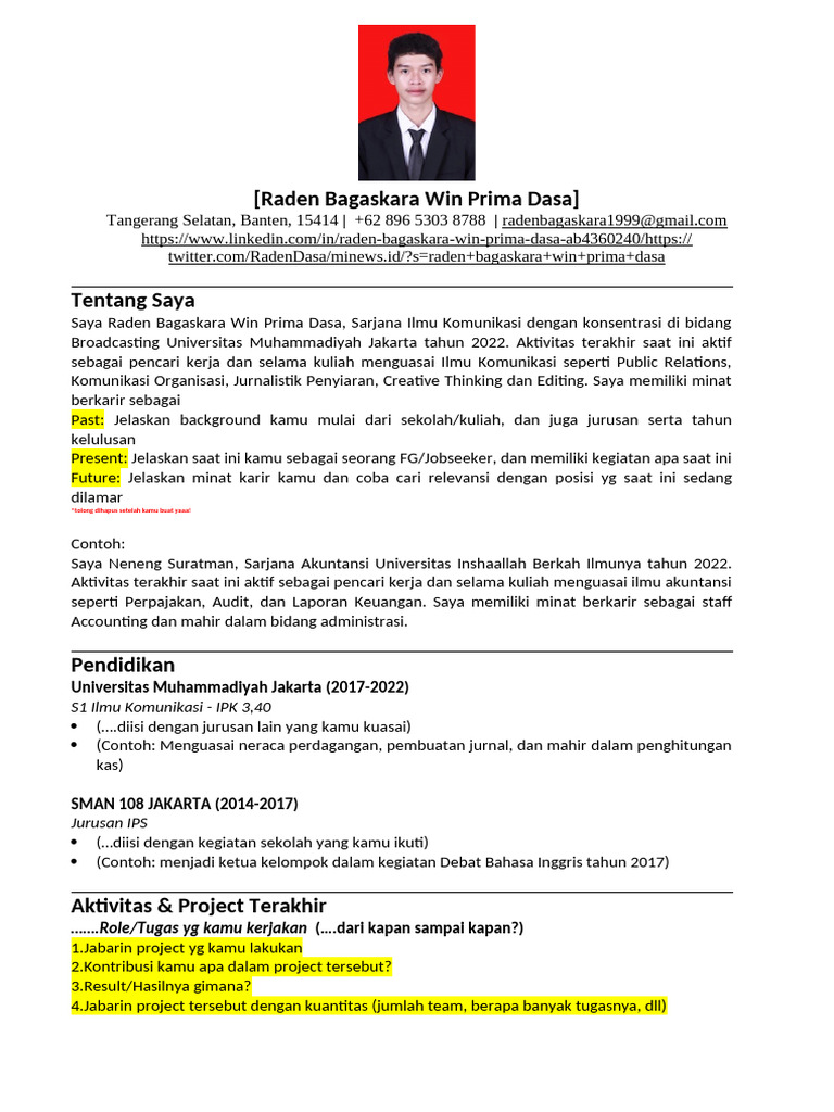Contoh CV Non Pengalaman Bismillah Fix Gapake Revisi | PDF