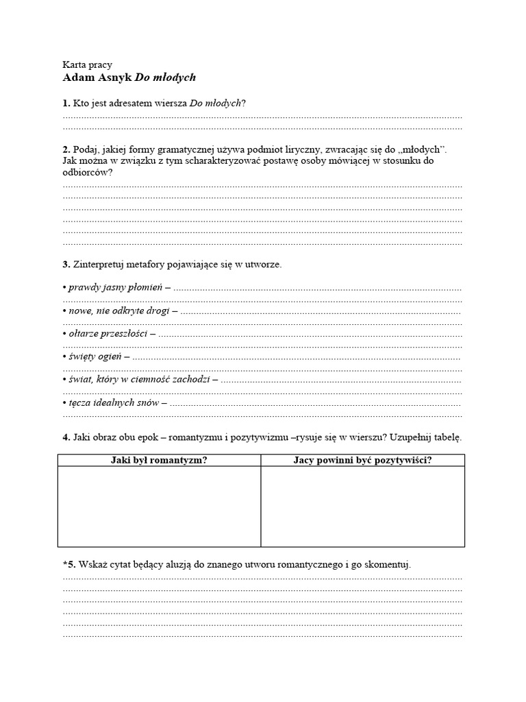 Adam Asnyk Poezja Karta Pracy | PDF
