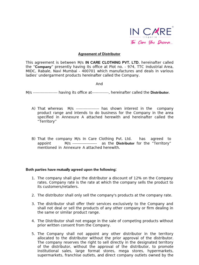 Distributor Agreement for In Care Clothing | PDF | Payments | Sales