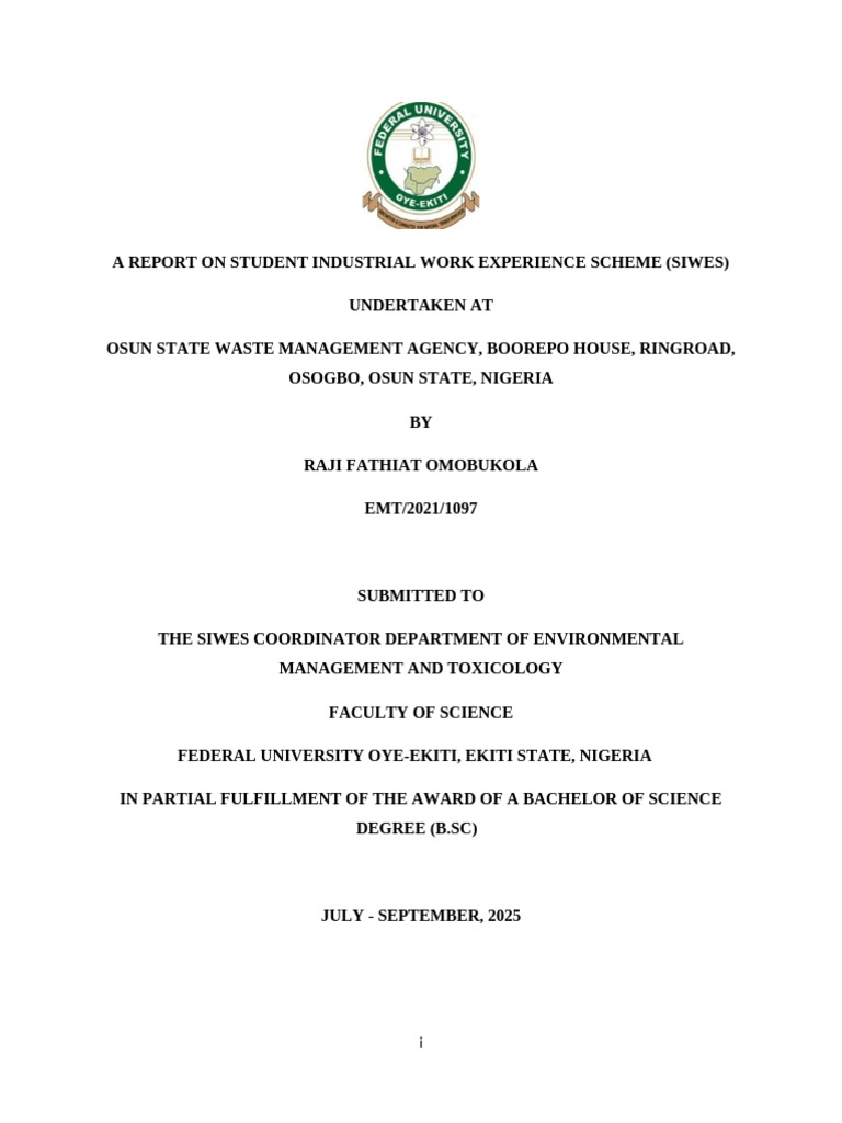 SIWES at Osun State Waste Management | PDF | Climate Change | Sewage ...