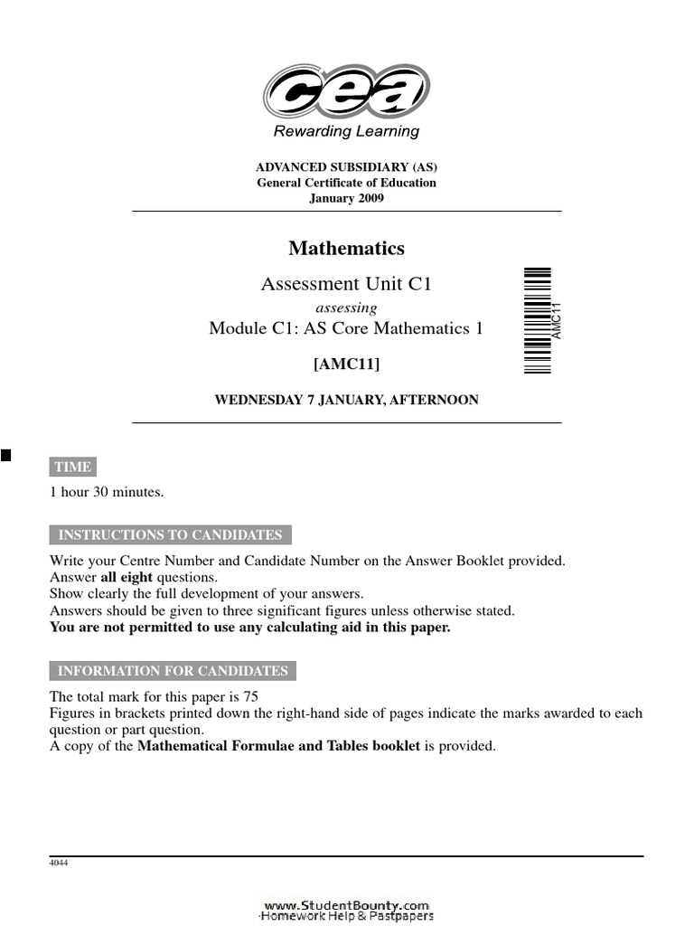 A2AS MATH Past Papers Mark Schemes Standard January Series 2009 4613 | PDF | Equations ...