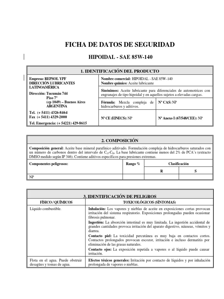 Ficha de Datos de Seguridad Hipoidal 85W-140 | Descargar gratis PDF | Residuos | Contaminación