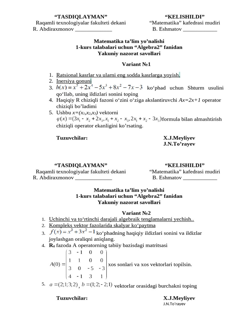 Algebra Yakuniy | PDF