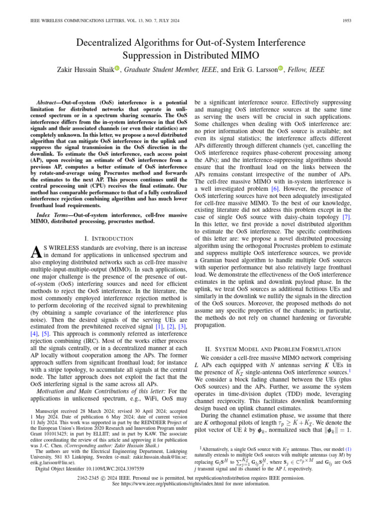 Decentralized Algorithms For Out-Of-System Interference Suppression in Distributed MIMO | PDF ...