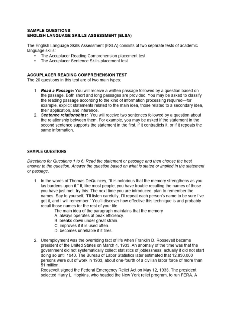 ELSA Sample Questions FINAL | PDF | Reading Comprehension | Question