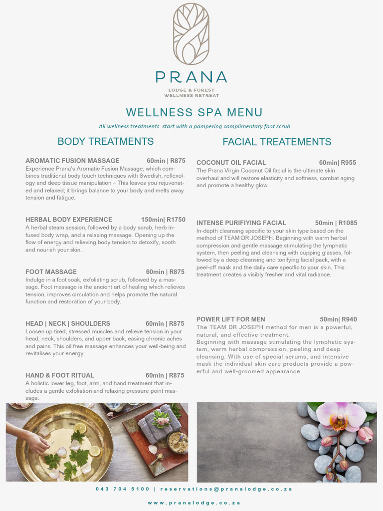 Prana Lodge Spa Menu and Prices | PDF | Massage | Medical Specialties