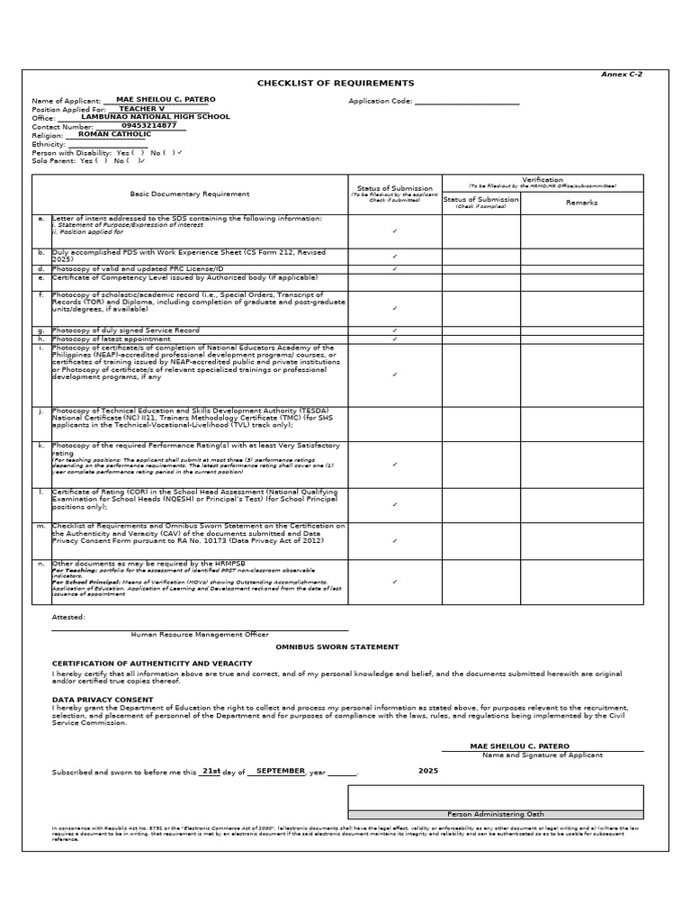 Annex C-2 - Checklist of Requirements and Omnibus Sworn Statement | PDF