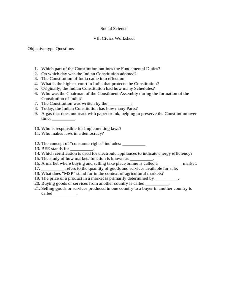 Civics Worksheet: Indian Constitution Quiz | PDF