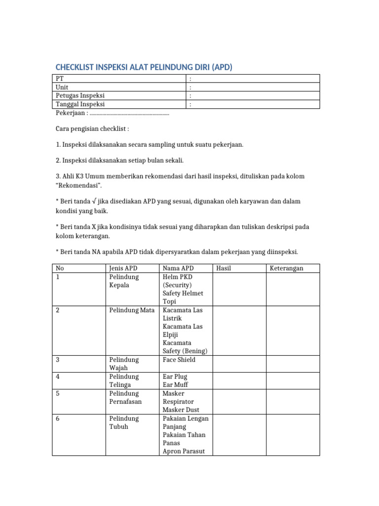 Checklist Inspeksi APD | PDF