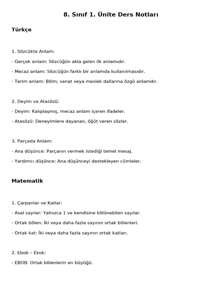 8 Sinif 1 Unite Ders Notlari | PDF