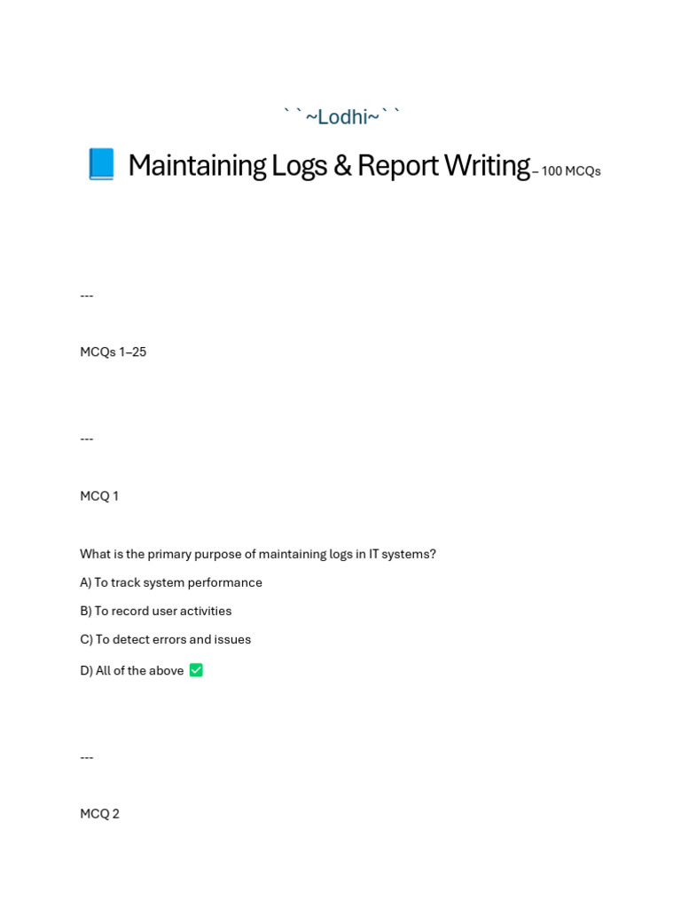 Logs & Report Writing: 100 MCQs | PDF | Multiple Choice | Audit