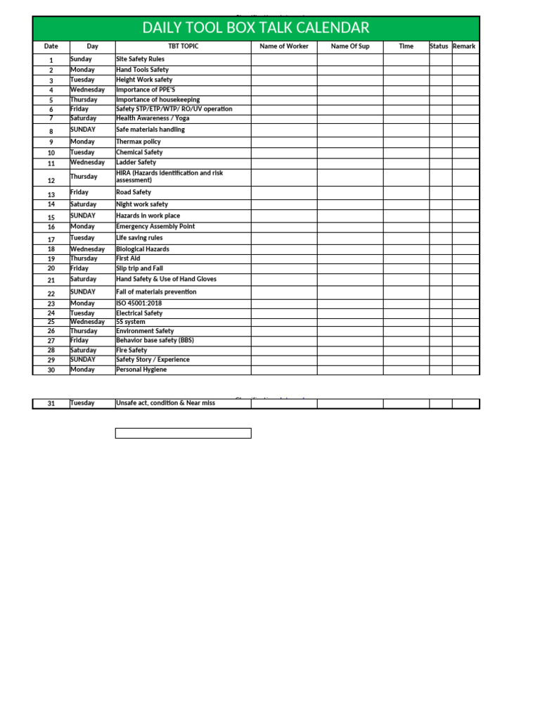 Daily Safety Toolbox Talk Calendar | PDF