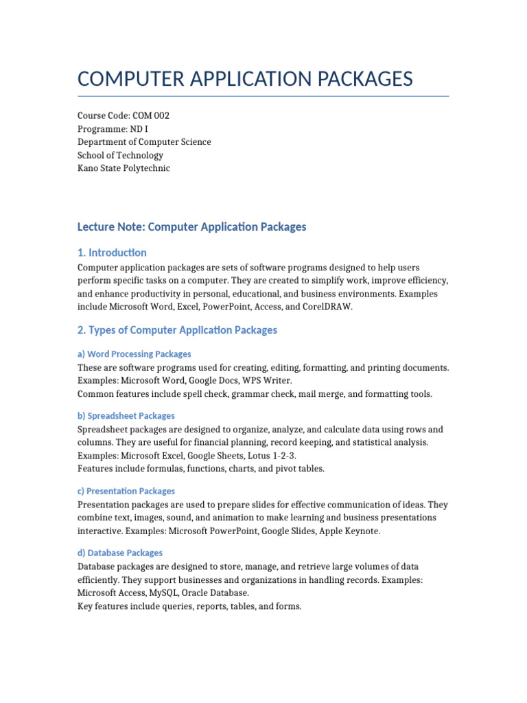 Overview of Computer Application Packages | PDF | Microsoft Excel ...