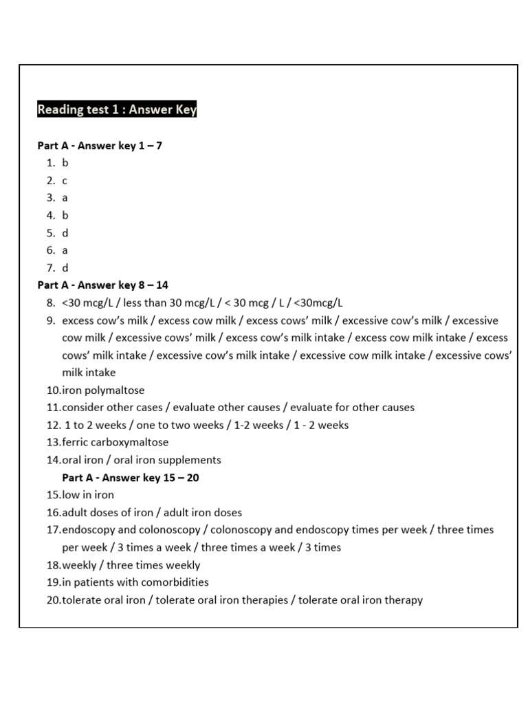 Reading Test 1 Answer Key Guide | PDF