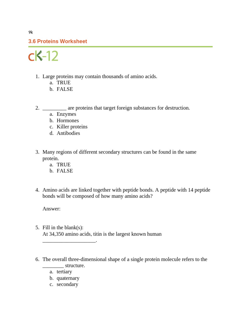 Proteins Worksheet and Answer Key | PDF