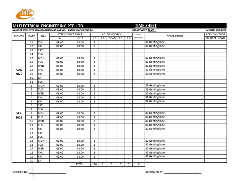 Time Sheet - MJ 21aug25-20sep25 - Islam Mohammad Aminul | PDF