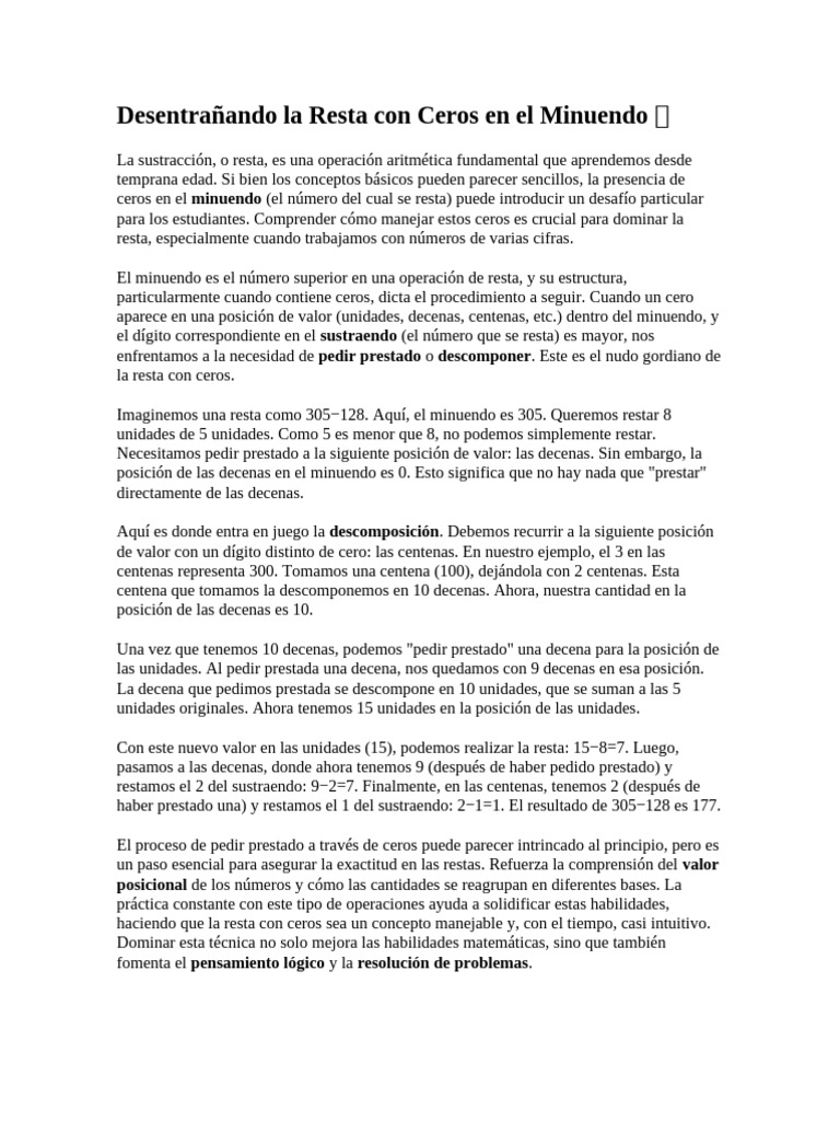 Resta con Ceros en el Minuendo para Niños | PDF | Sustracción | Números
