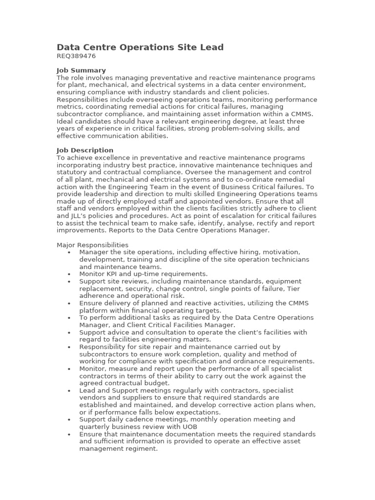 Data Centre Operations Site Lead Role | PDF | Regulatory Compliance ...