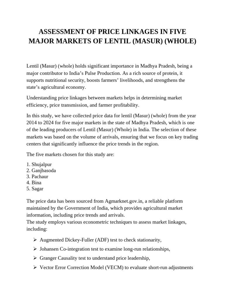 Newwww Assessment of Price Linkages in Five Major Markets of Lentil ...