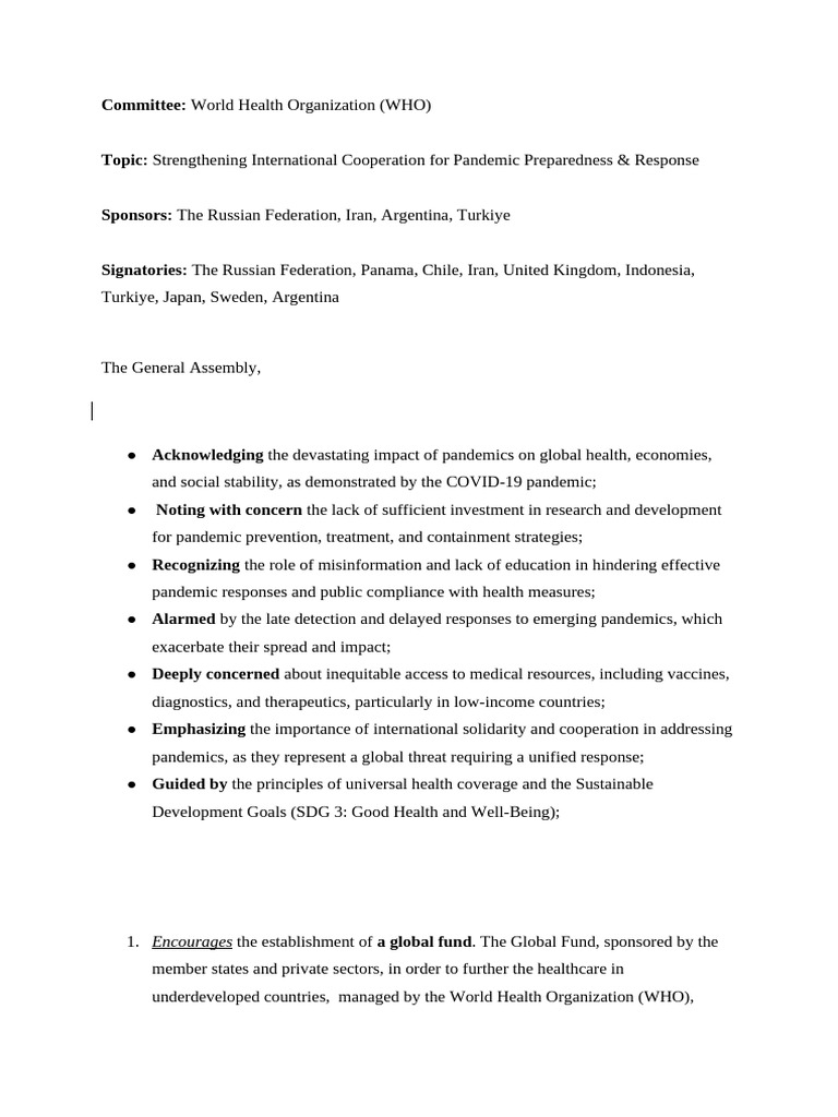 Resolution Paper MUN WHO Conference | PDF | Pandemic | World Health Organization