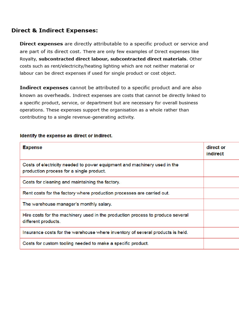 Understanding Direct and Indirect Expenses | PDF | Cost Of Goods Sold ...