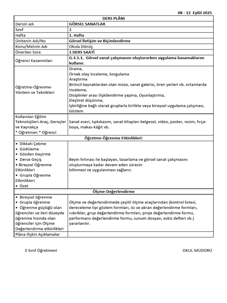 2025-2026 Gorsel Sanatlar Gunluk 3 | PDF