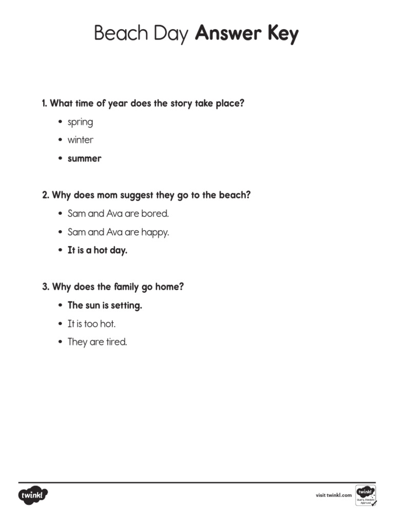 Answer Key Kindergarten Beach Day Reading Passage Comprehension ...