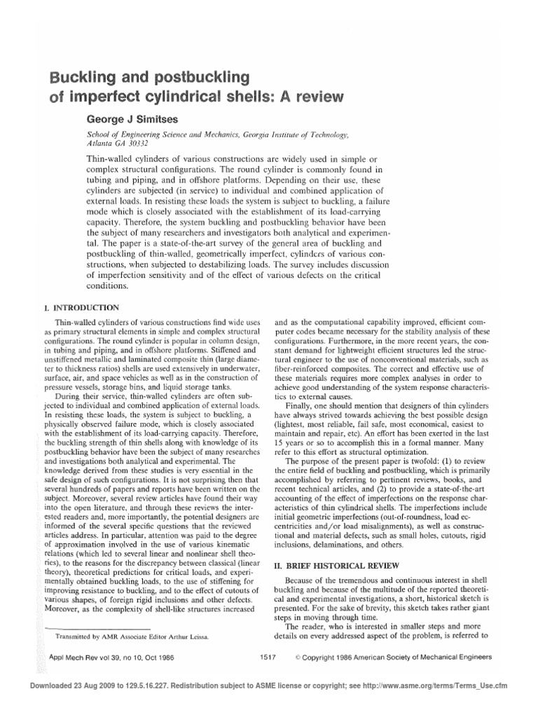 Buckling and Post Buckling of Imperfect Cylindrical Shells, G.simitses ...