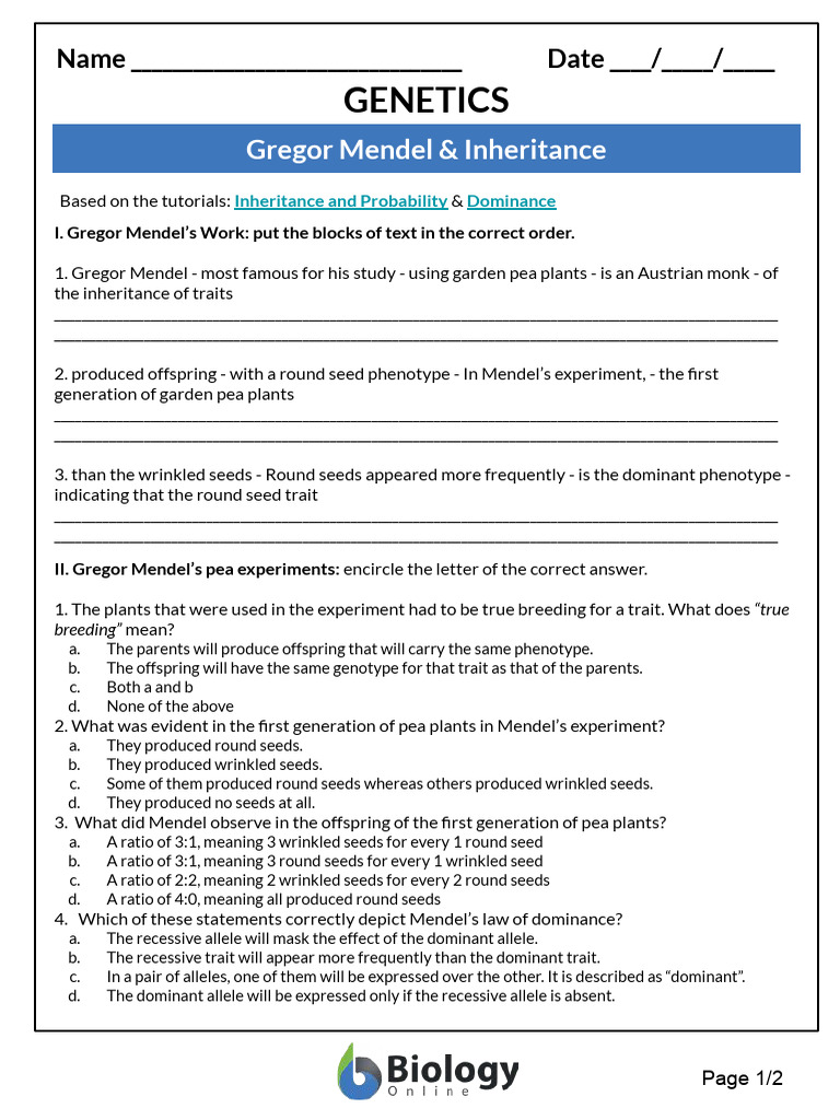 Gregor Mendel and Inheritance Worksheet (1) | PDF | Genotype ...
