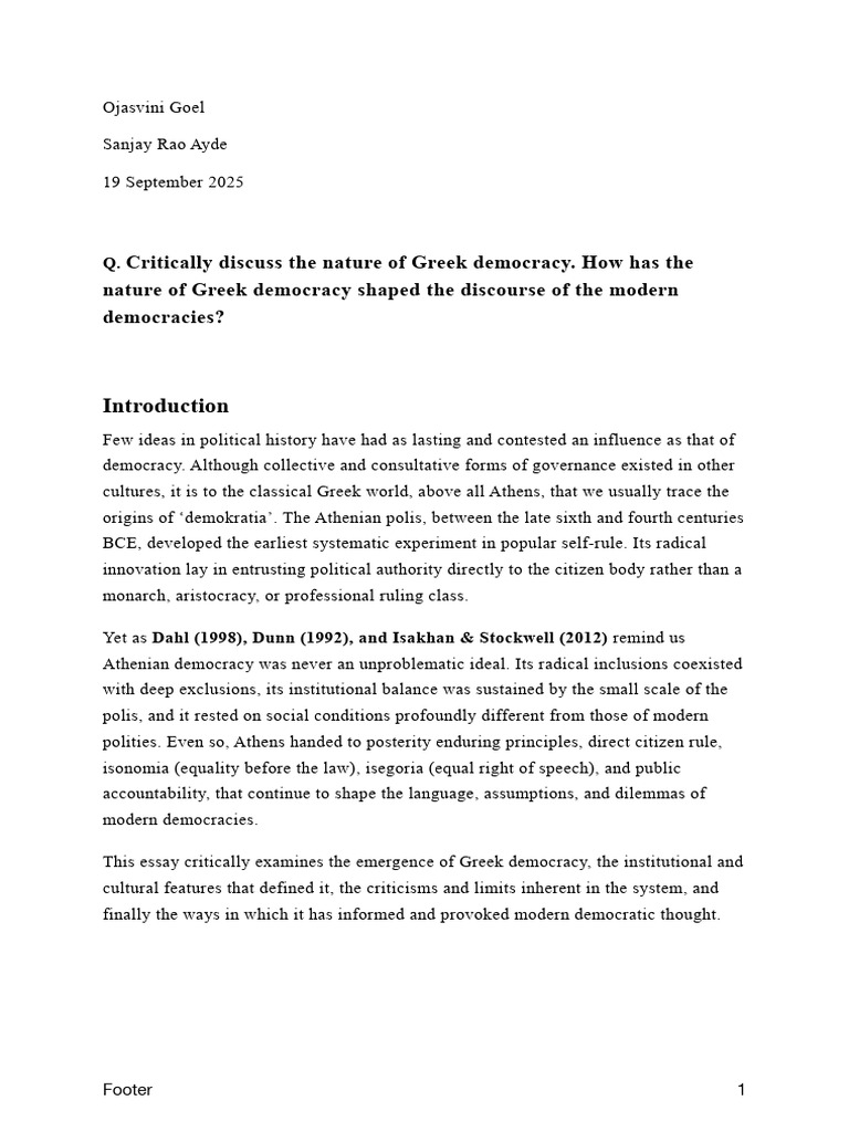 Nature of Greek Democracy and Its Influence On Modern Democracies | PDF ...
