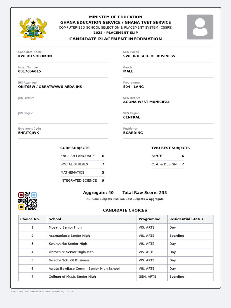 2025 CSSPS Placement Slip for KWEDU SOLOMON | PDF