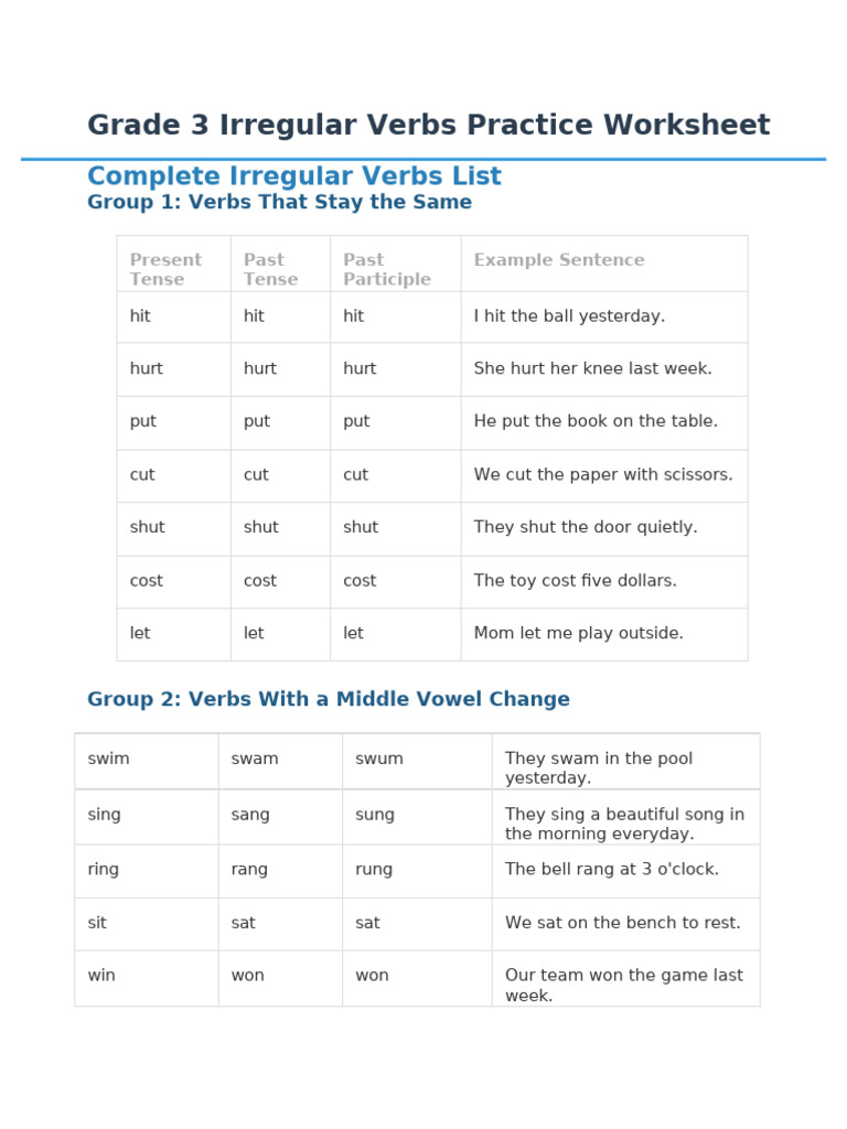 Grade 3 Irregular Verbs Worksheet | PDF | Verb | Linguistics