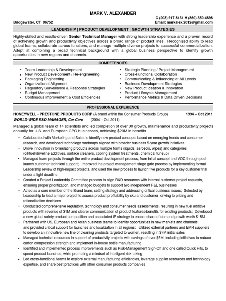 Product Development R&D CPG Director in NYC Resume Mark Alexander | PDF ...