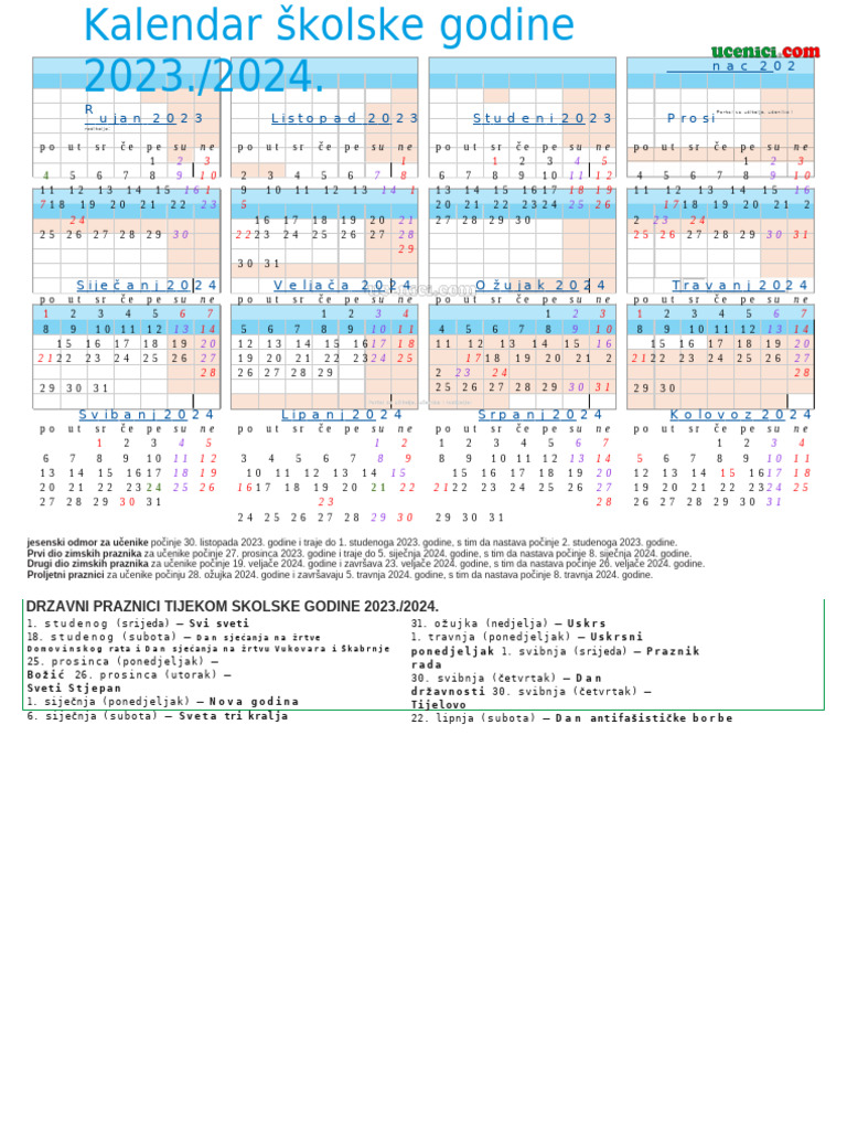 Kalendar Skolske Godine 2023 2024 Novo | PDF