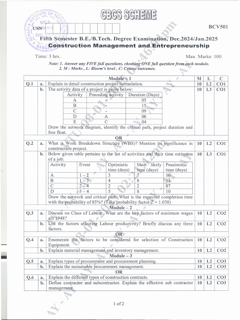 BCV501 Construction Management Syllabus | PDF | Economies | Business