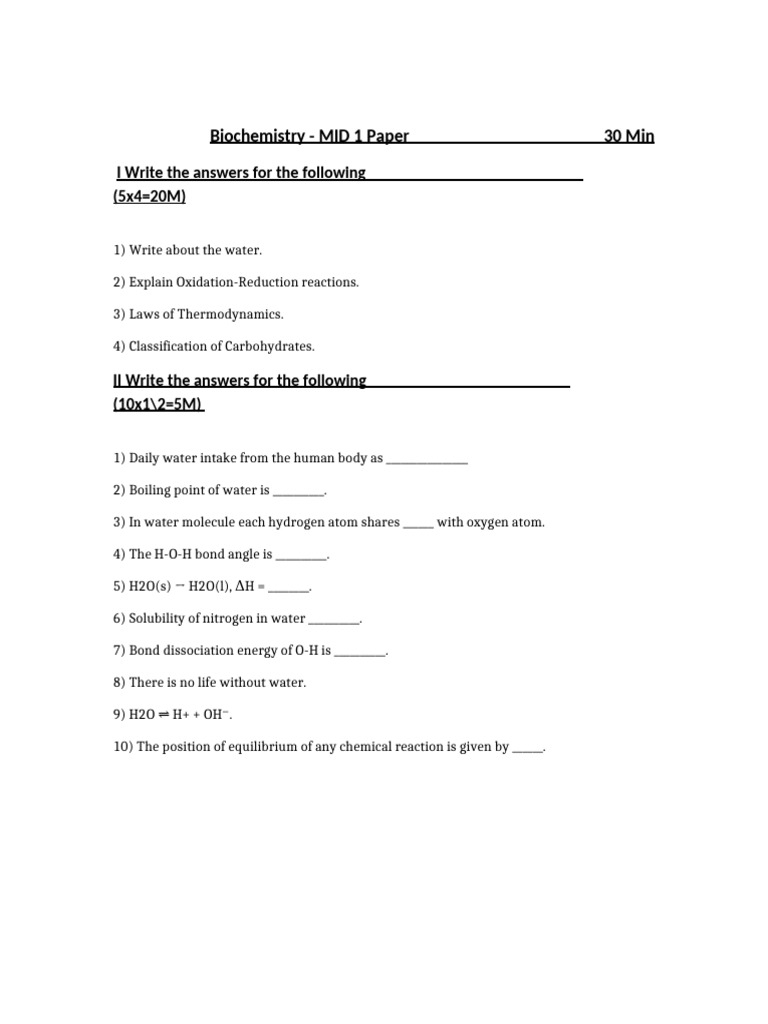 Biochemistry Mid1 QuestionPaper | PDF