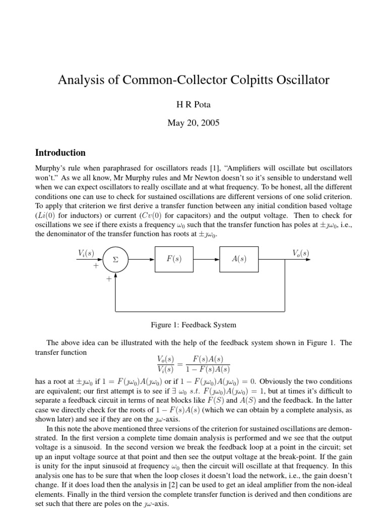 Analysis of Common-Collector Colpitts Oscillator | PDF | Electronic Oscillator | Amplifier