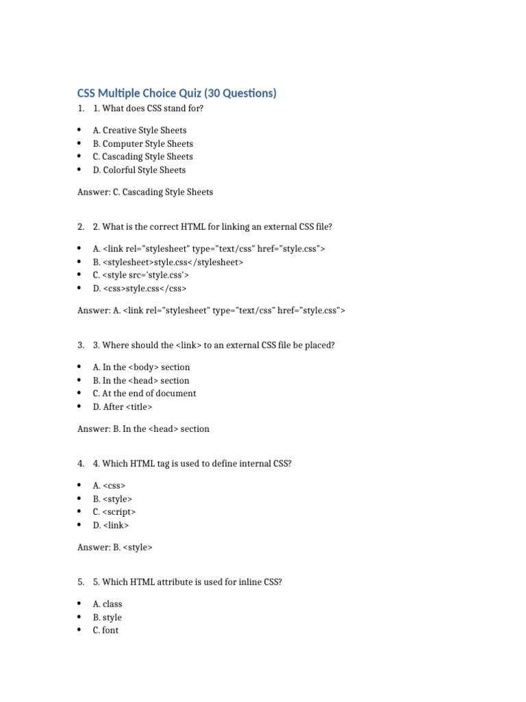 CSS 30 Questions Quiz | PDF | Computing | Digital Technology