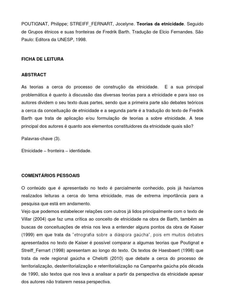 Fichamento: Teorias Da Etnicidade. Seguido de Grupos Étnicos e Suas ...