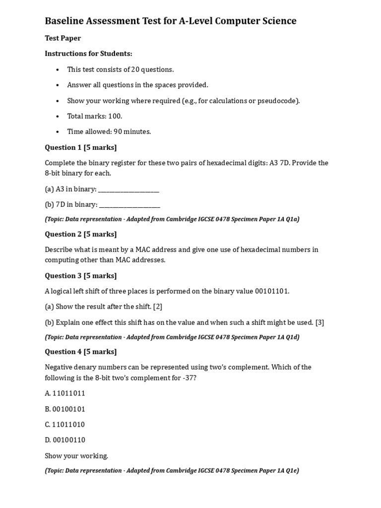 A-Level Computer Science Baseline Test | PDF | Data Compression ...