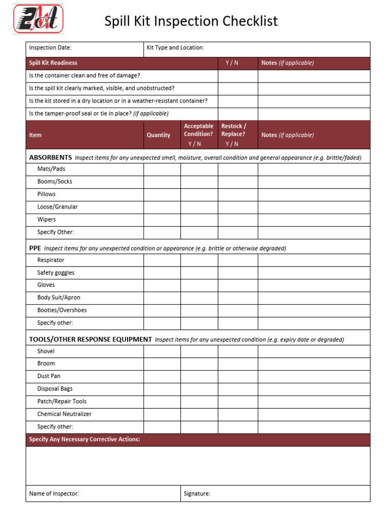 Inspection Checklist For Spill Kits | PDF