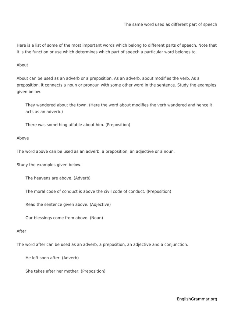 The Same Word Used As Different Part of Speech | PDF