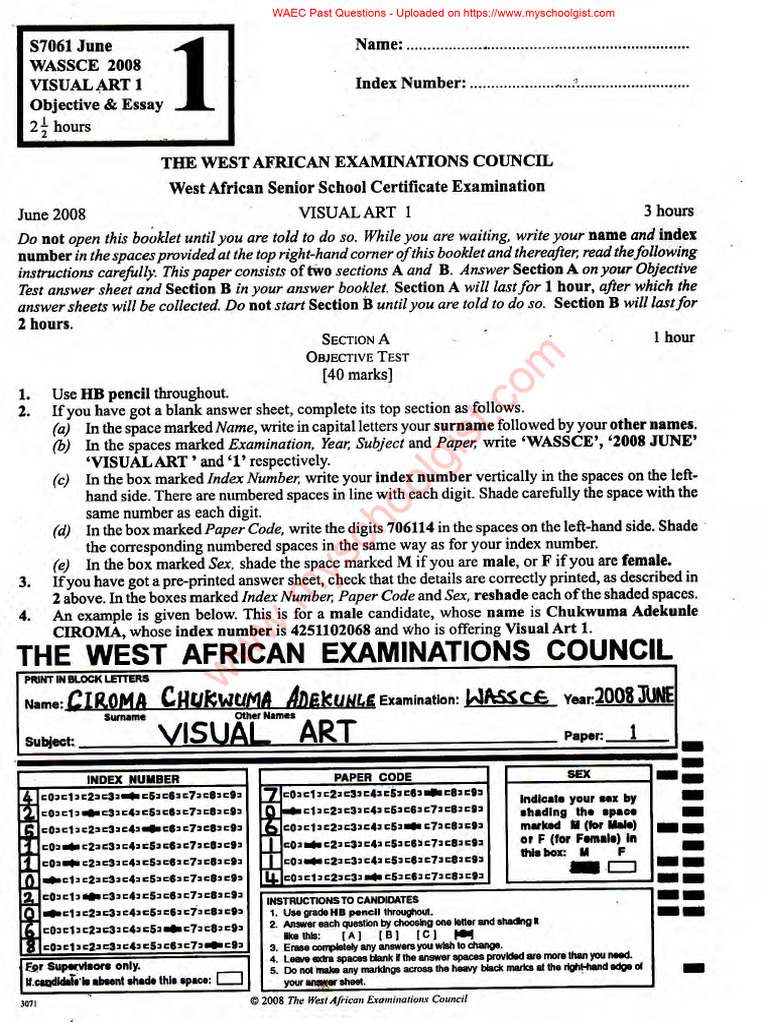 Waec Visual Arts Paper 1 June 2008 Objective and Essay | PDF ...