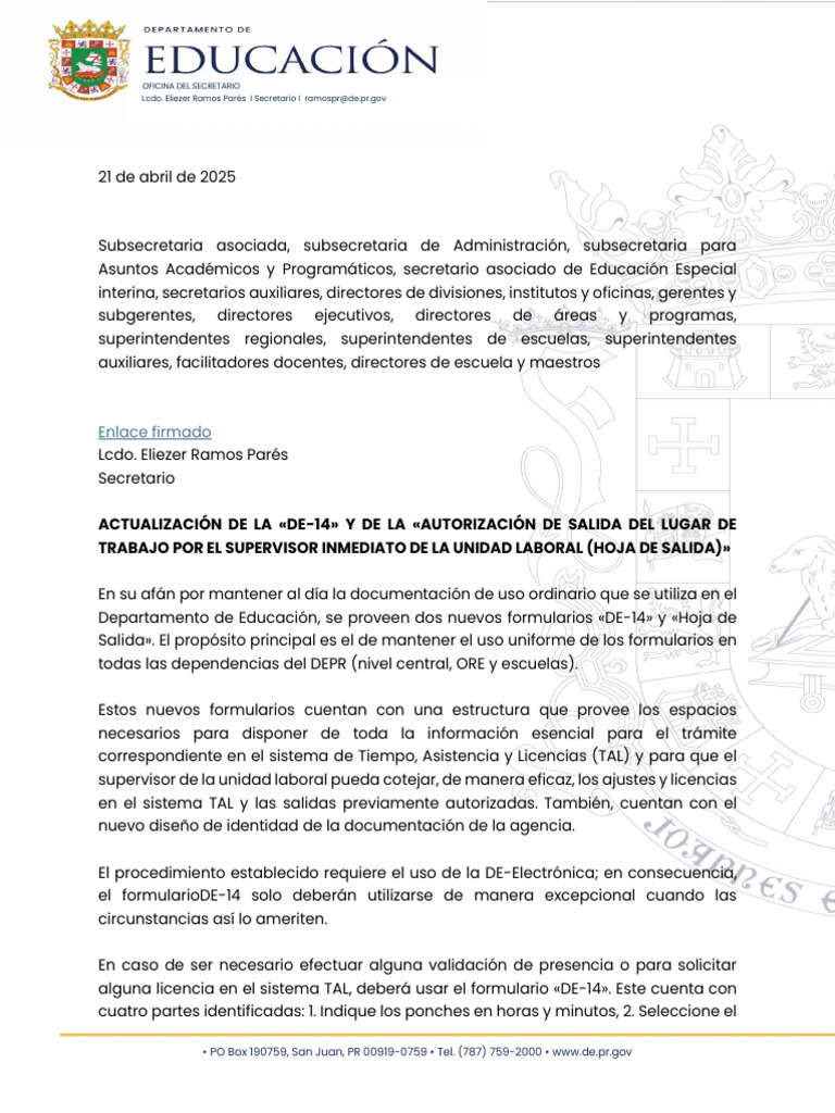 Actualización Formularios DE-14 y Hoja de Salida | PDF