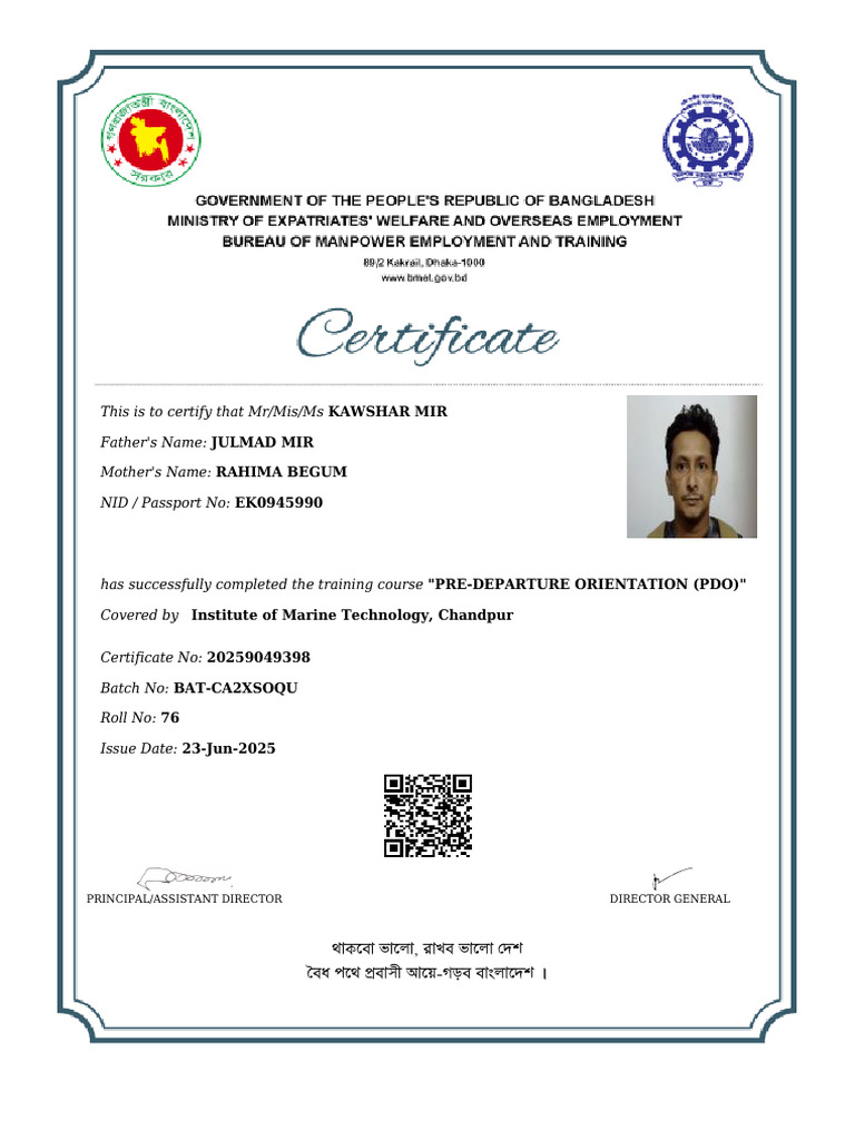 BMET Pre-Departure Orientation Certificate | PDF
