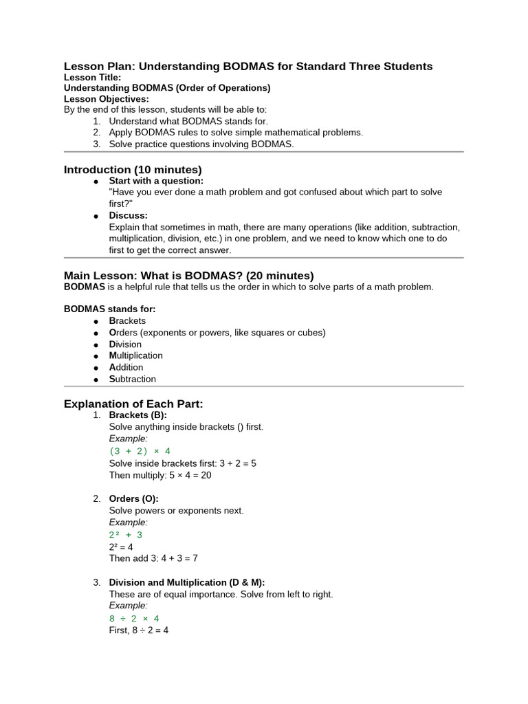 BODMAS Lesson Plan for Students | PDF | Multiplication | Mathematics